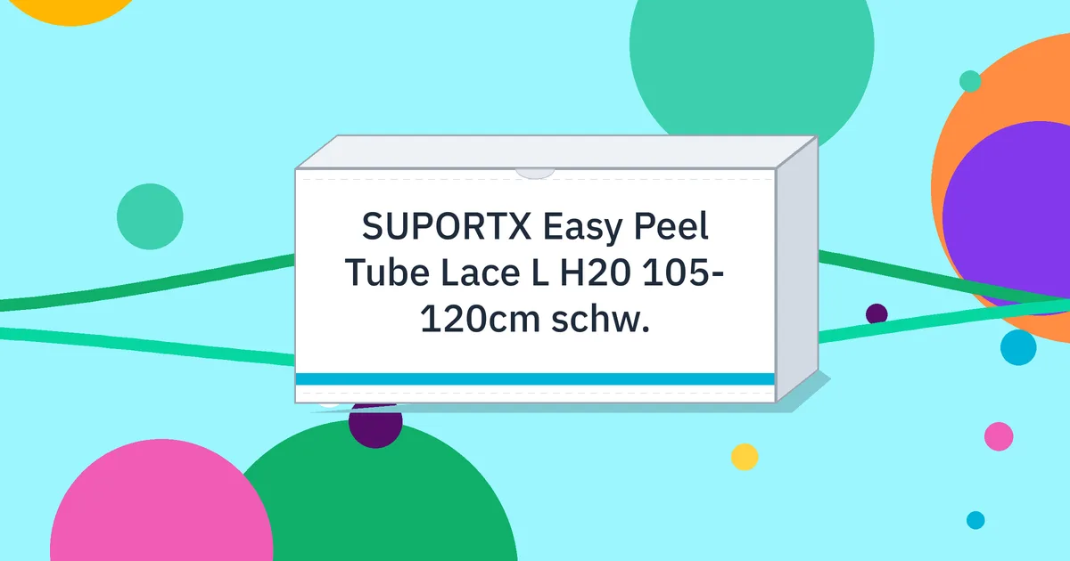 Symbolbild: Packung mit der Aufschrift SUPORTX Easy Peel Tube Lace L H20 105-120cm schw. (PZN 09486990) – Verfügbarkeit und Bezug in Apotheken in Frankfurt am Main