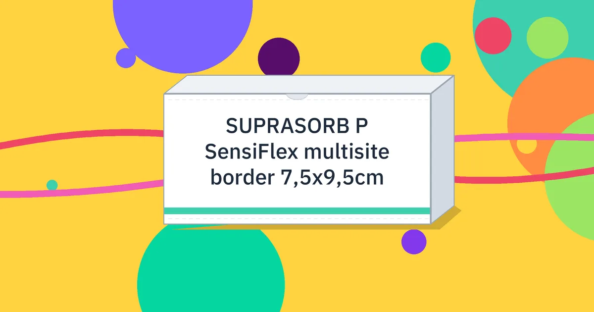 Symbolbild: Packung mit der Aufschrift SUPRASORB P SensiFlex multisite border 7,5x9,5cm (PZN 19445377) – Verfügbarkeit und Bezug in Apotheken in Frankfurt am Main