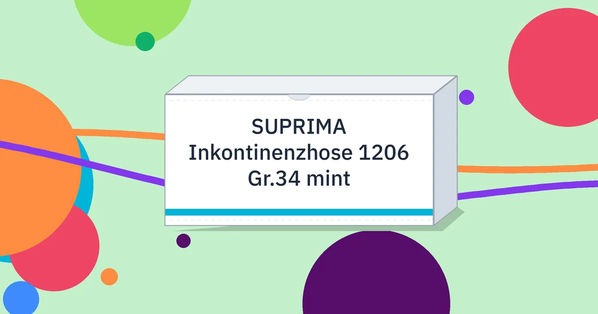 Symbolbild: Packung mit der Aufschrift SUPRIMA Inkontinenzhose 1206 Gr.34 mint (PZN 07631689) – Verfügbarkeit und Bezug in Apotheken in Frankfurt am Main