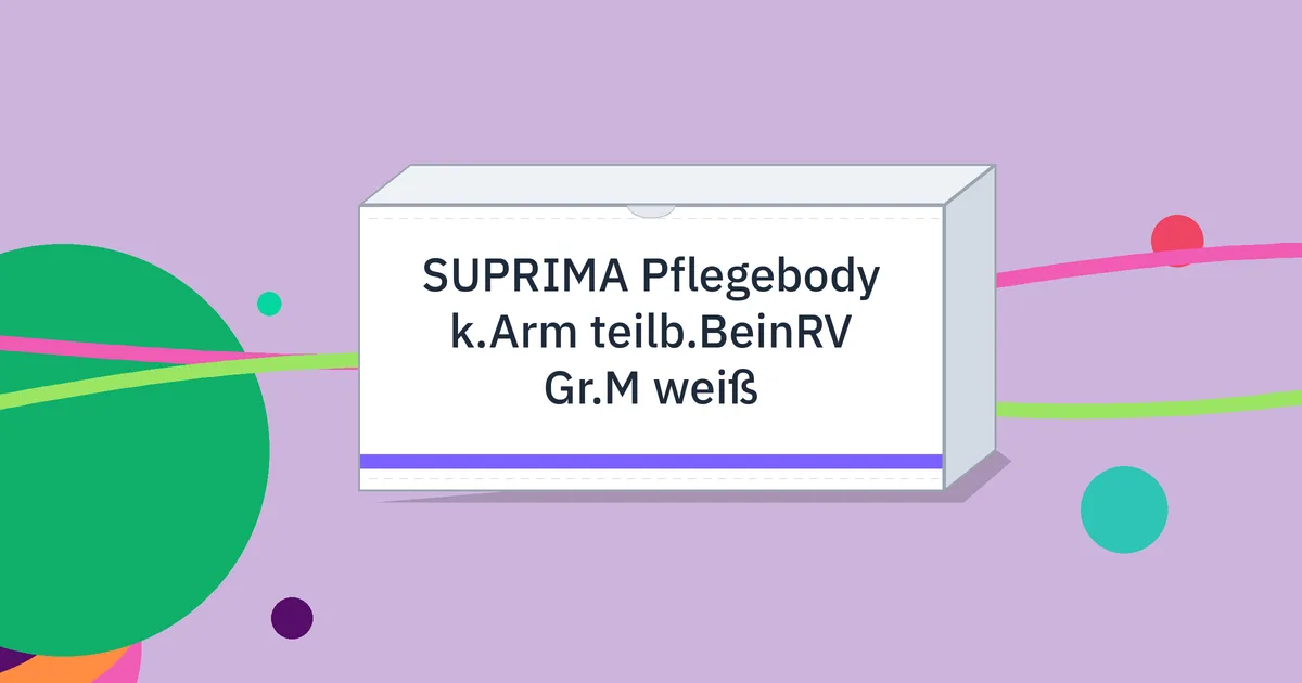 Symbolbild: Packung mit der Aufschrift SUPRIMA Pflegebody k.Arm teilb.BeinRV Gr.M weiß (PZN 02297487) – Verfügbarkeit und Bezug in Apotheken in Frankfurt am Main