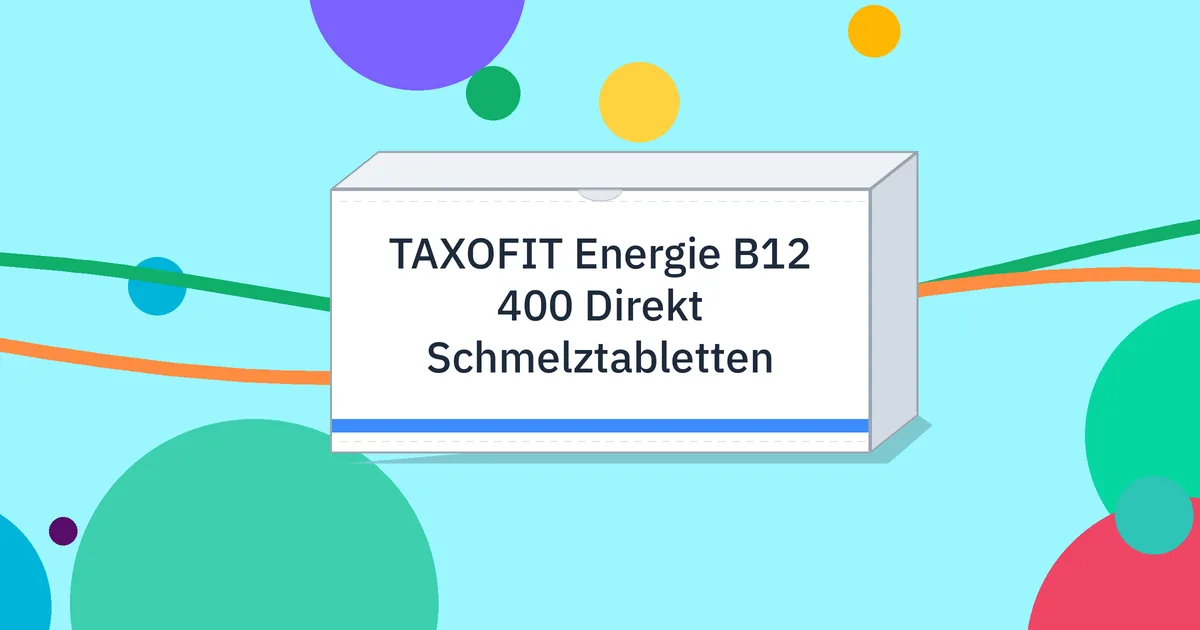 Symbolbild: Packung mit der Aufschrift TAXOFIT Energie B12 400 Direkt Schmelztabletten (PZN 16802026) – Verfügbarkeit und Bezug in Apotheken in Frankfurt am Main