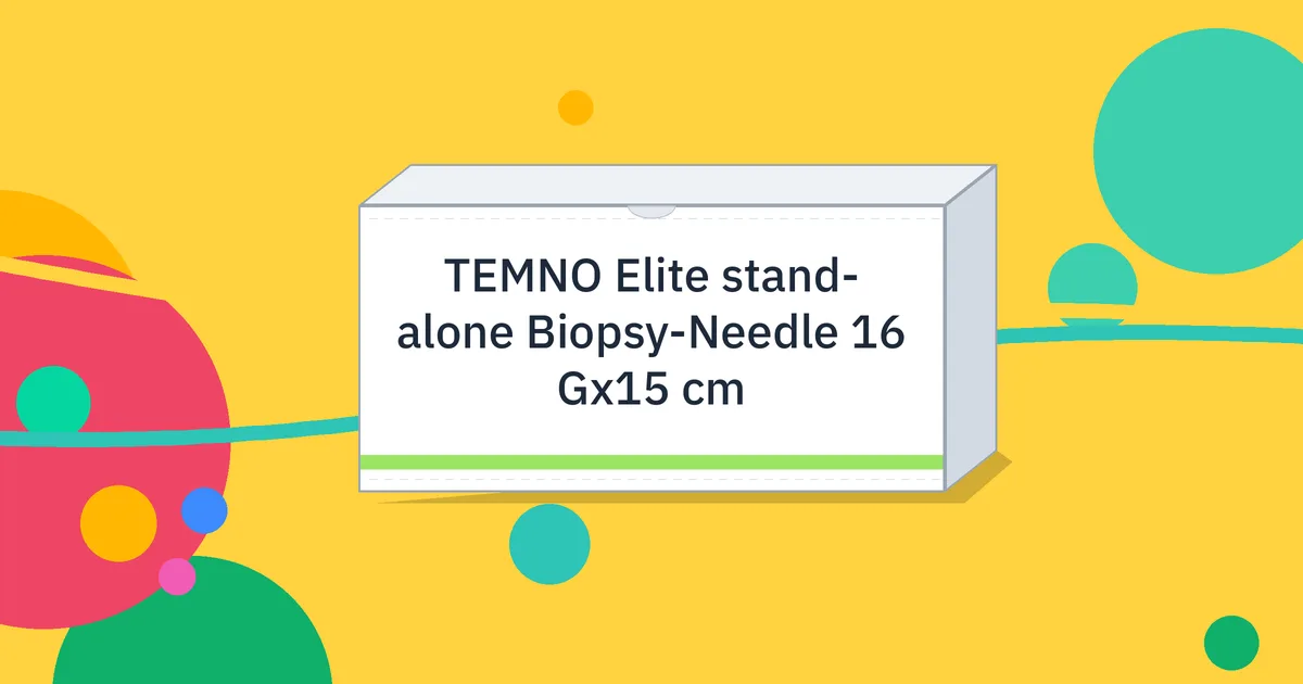Symbolbild: Packung mit der Aufschrift TEMNO Elite stand-alone Biopsy-Needle 16 Gx15 cm (PZN 18765157) – Verfügbarkeit und Bezug in Apotheken in Frankfurt am Main
