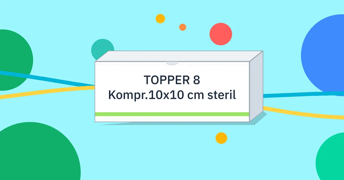 Symbolbild: Packung mit der Aufschrift TOPPER 8 Kompr.10x10 cm steril (PZN 03306432) – Verfügbarkeit und Bezug in Apotheken in Frankfurt am Main