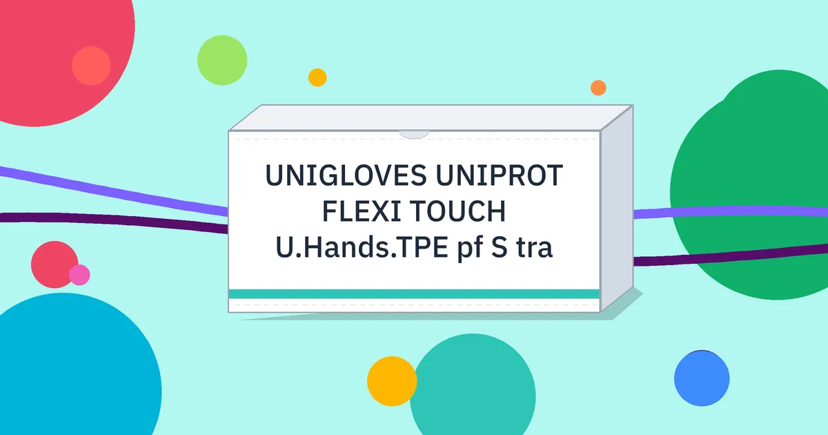 Symbolbild: Packung mit der Aufschrift UNIGLOVES UNIPROT FLEXI TOUCH U.Hands.TPE pf S tra (PZN 18100972) – Verfügbarkeit und Bezug in Apotheken in Frankfurt am Main