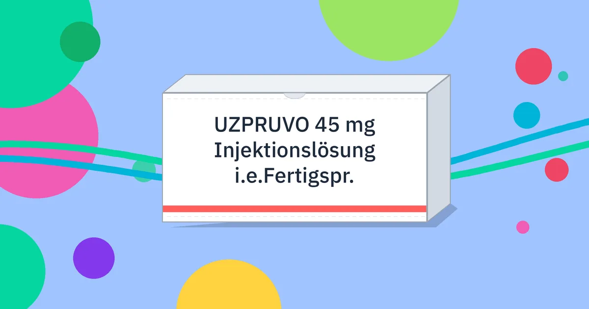 Symbolbild: Packung mit der Aufschrift UZPRUVO 45 mg Injektionslösung i.e.Fertigspr. (PZN 19754859) – Verfügbarkeit und Bezug in Apotheken in Frankfurt am Main