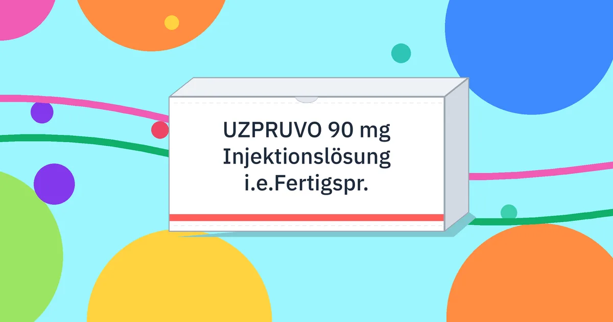 Symbolbild: Packung mit der Aufschrift UZPRUVO 90 mg Injektionslösung i.e.Fertigspr. (PZN 20231799) – Verfügbarkeit und Bezug in Apotheken in Frankfurt am Main