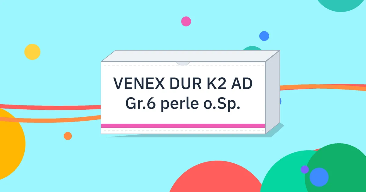 Symbolbild: Packung mit der Aufschrift VENEX DUR K2 AD Gr.6 perle o.Sp. (PZN 03211358) – Verfügbarkeit und Bezug in Apotheken in Frankfurt am Main