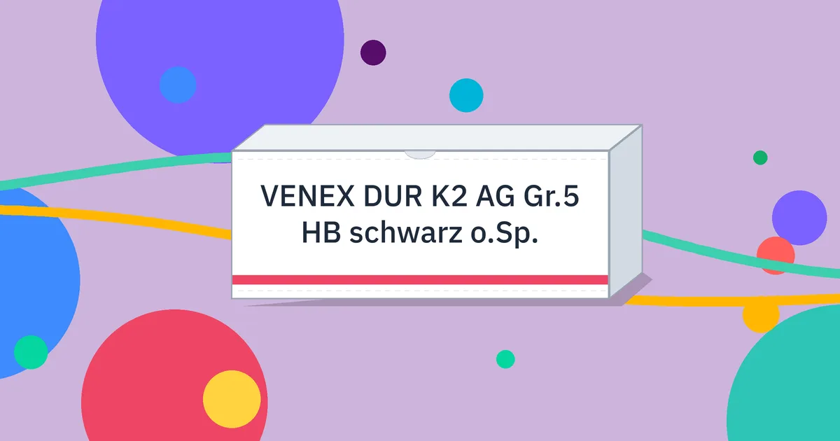 Symbolbild: Packung mit der Aufschrift VENEX DUR K2 AG Gr.5 HB schwarz o.Sp. (PZN 03221411) – Verfügbarkeit und Bezug in Apotheken in Frankfurt am Main