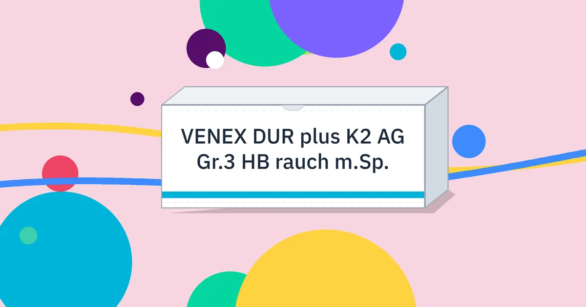Symbolbild: Packung mit der Aufschrift VENEX DUR plus K2 AG Gr.3 HB rauch m.Sp. (PZN 03236080) – Verfügbarkeit und Bezug in Apotheken in Frankfurt am Main