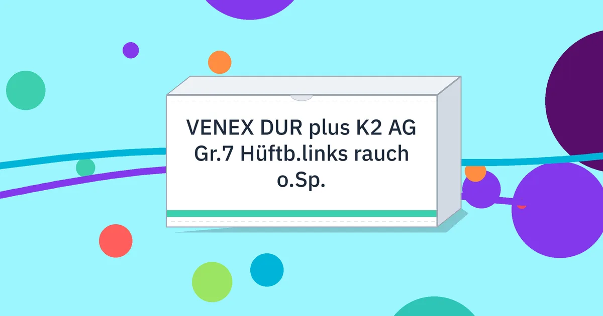 Symbolbild: Packung mit der Aufschrift VENEX DUR plus K2 AG Gr.7 Hüftb.links rauch o.Sp. (PZN 03239641) – Verfügbarkeit und Bezug in Apotheken in Frankfurt am Main