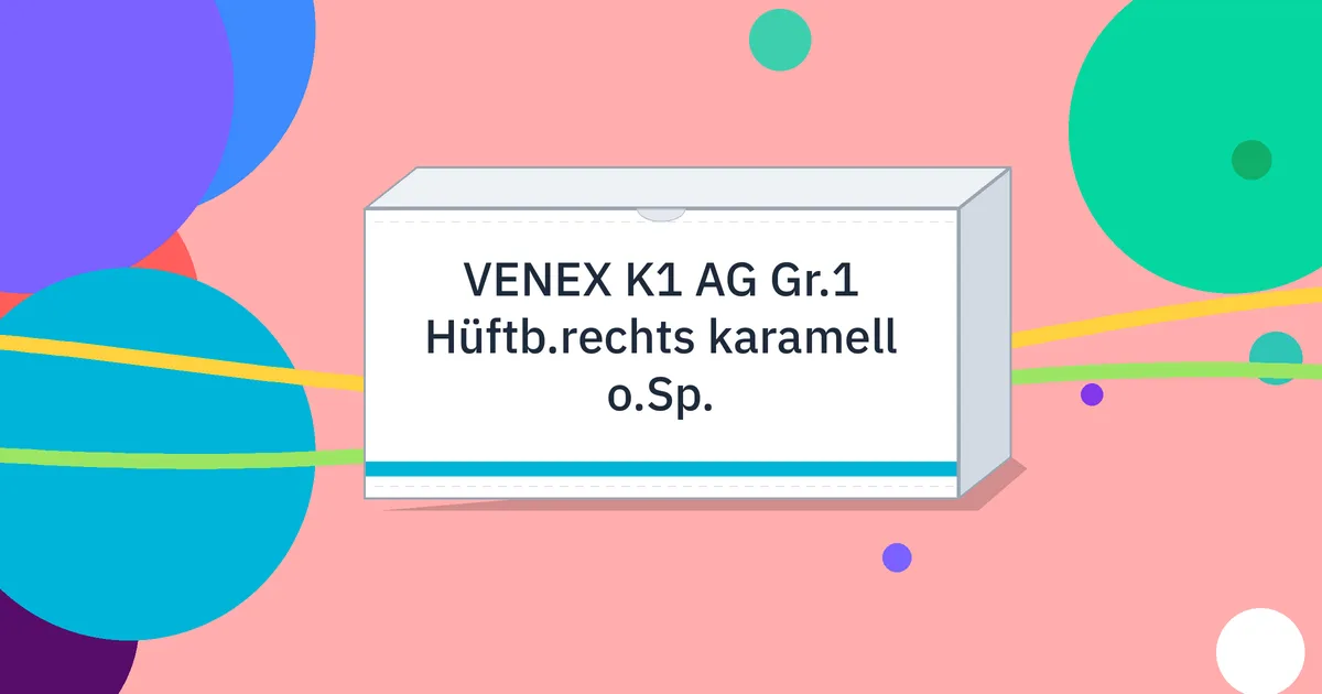 Symbolbild: Packung mit der Aufschrift VENEX K1 AG Gr.1 Hüftb.rechts karamell o.Sp. (PZN 13760988) – Verfügbarkeit und Bezug in Apotheken in Frankfurt am Main