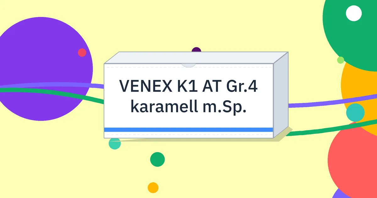 Symbolbild: Packung mit der Aufschrift VENEX K1 AT Gr.4 karamell m.Sp. (PZN 13759198) – Verfügbarkeit und Bezug in Apotheken in Frankfurt am Main