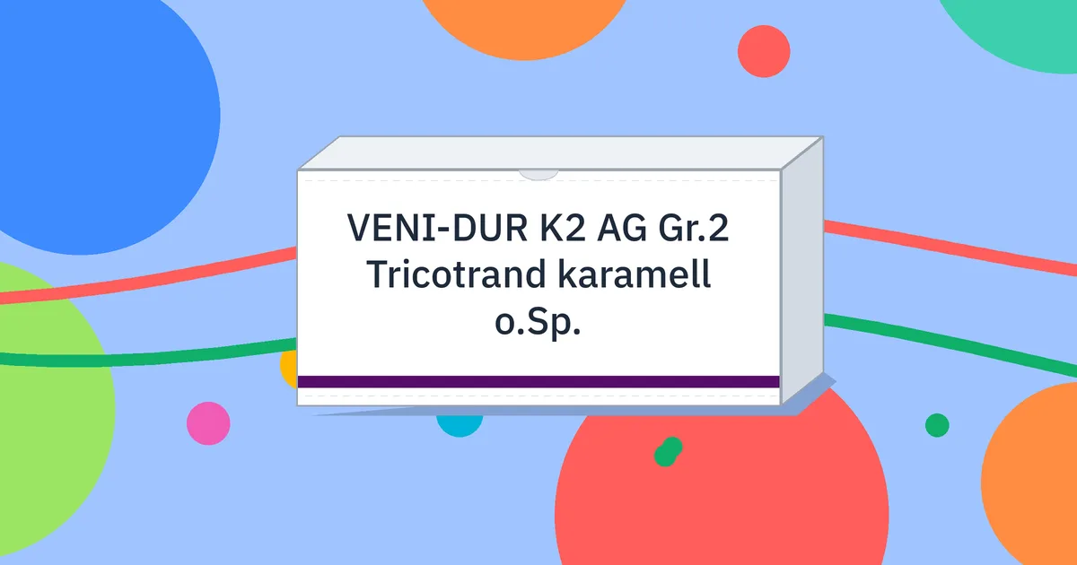 Symbolbild: Packung mit der Aufschrift VENI-DUR K2 AG Gr.2 Tricotrand karamell o.Sp. (PZN 13762467) – Verfügbarkeit und Bezug in Apotheken in Frankfurt am Main