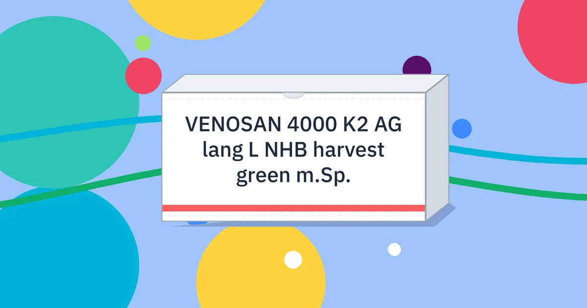 Symbolbild: Packung mit der Aufschrift VENOSAN 4000 K2 AG lang L NHB harvest green m.Sp. (PZN 18847754) – Verfügbarkeit und Bezug in Apotheken in Frankfurt am Main
