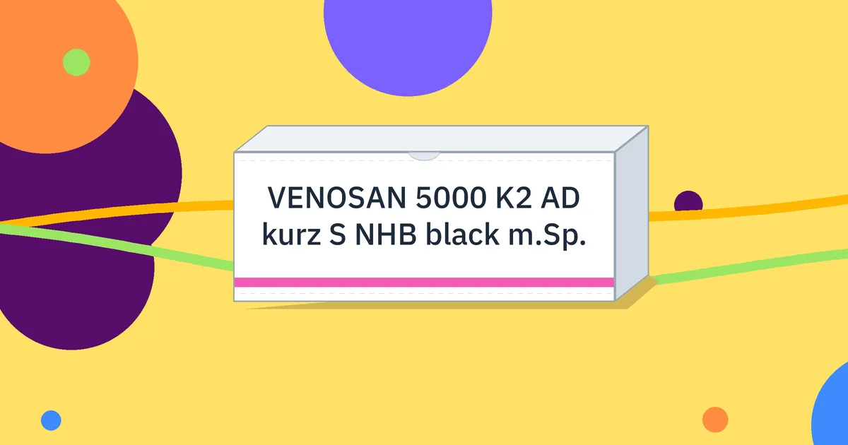 Symbolbild: Packung mit der Aufschrift VENOSAN 5000 K2 AD kurz S NHB black m.Sp. (PZN 14433406) – Verfügbarkeit und Bezug in Apotheken in Frankfurt am Main