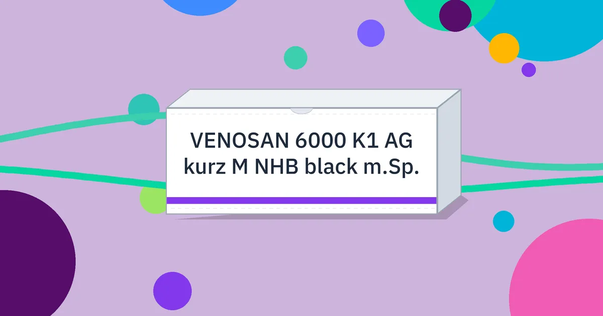 Symbolbild: Packung mit der Aufschrift VENOSAN 6000 K1 AG kurz M NHB black m.Sp. (PZN 17171875) – Verfügbarkeit und Bezug in Apotheken in Frankfurt am Main