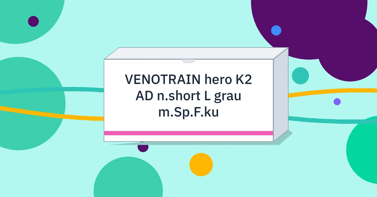 Symbolbild: Packung mit der Aufschrift VENOTRAIN hero K2 AD n.short L grau m.Sp.F.ku (PZN 19190138) – Verfügbarkeit und Bezug in Apotheken in Frankfurt am Main