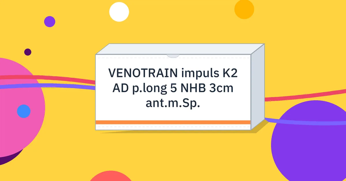 Symbolbild: Packung mit der Aufschrift VENOTRAIN impuls K2 AD p.long 5 NHB 3cm ant.m.Sp. (PZN 15224277) – Verfügbarkeit und Bezug in Apotheken in Frankfurt am Main