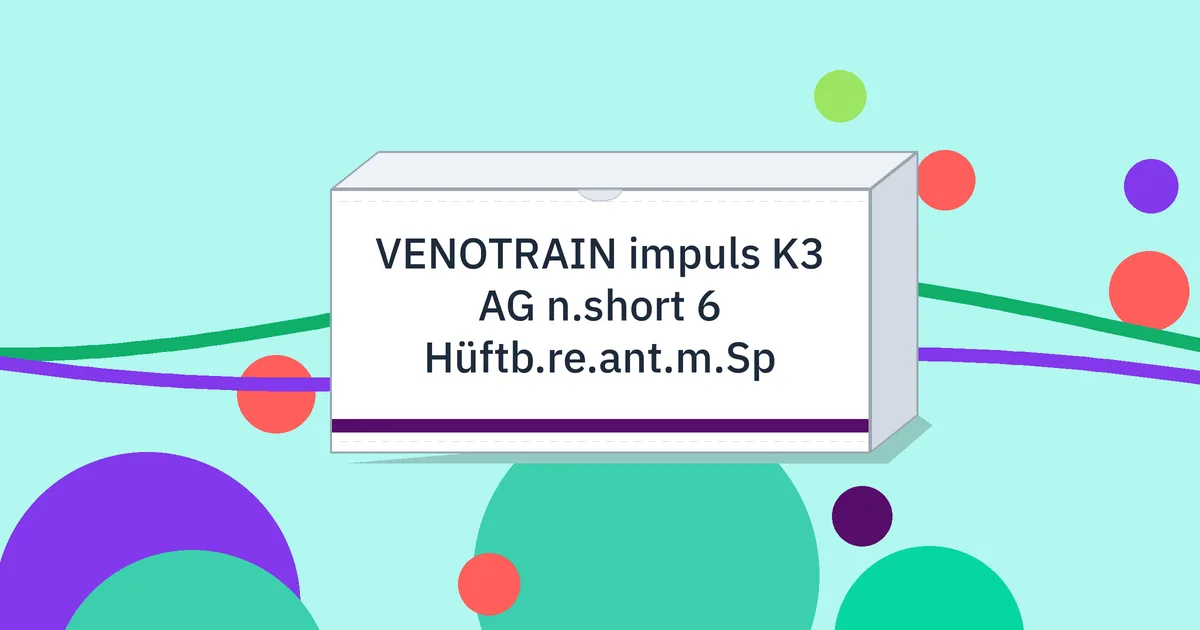 Symbolbild: Packung mit der Aufschrift VENOTRAIN impuls K3 AG n.short 6 Hüftb.re.ant.m.Sp (PZN 15218182) – Verfügbarkeit und Bezug in Apotheken in Frankfurt am Main