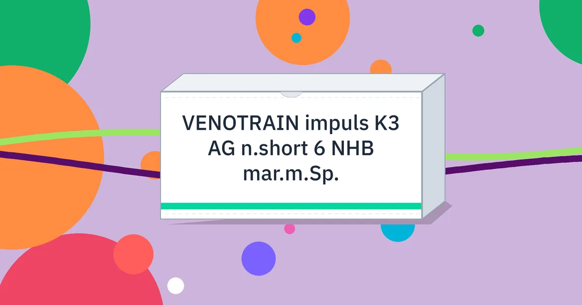 Symbolbild: Packung mit der Aufschrift VENOTRAIN impuls K3 AG n.short 6 NHB mar.m.Sp. (PZN 15215255) – Verfügbarkeit und Bezug in Apotheken in Frankfurt am Main