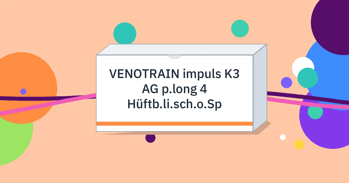 Symbolbild: Packung mit der Aufschrift VENOTRAIN impuls K3 AG p.long 4 Hüftb.li.sch.o.Sp (PZN 10296102) – Verfügbarkeit und Bezug in Apotheken in Frankfurt am Main