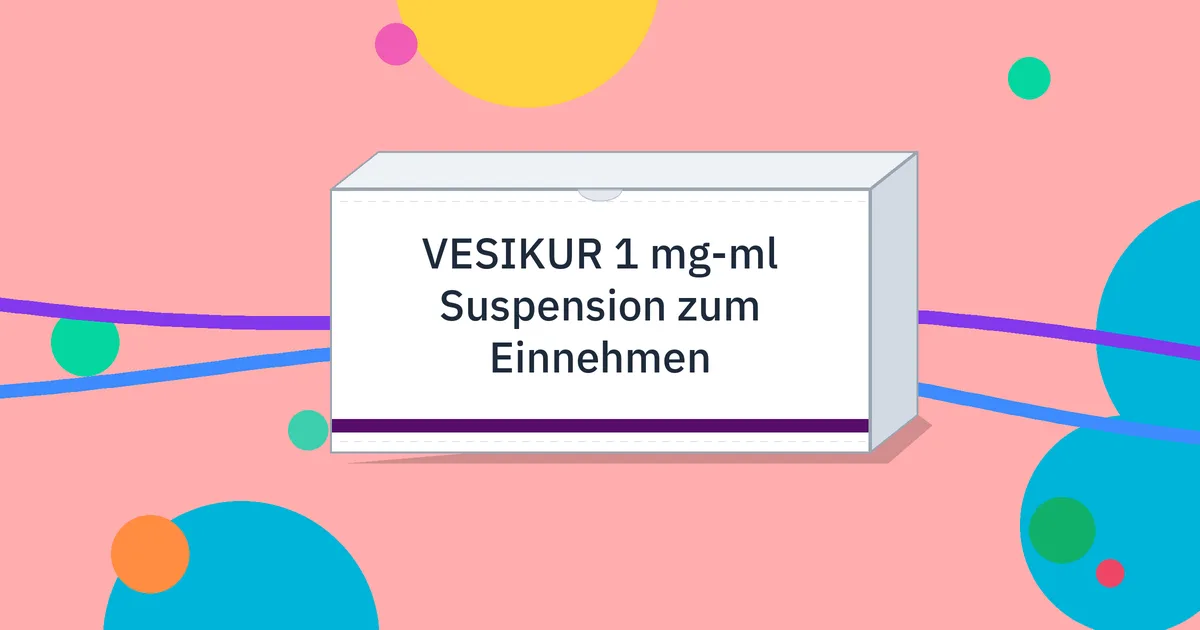 Symbolbild: Packung mit der Aufschrift VESIKUR 1 mg-ml Suspension zum Einnehmen (PZN 14166827) – Verfügbarkeit und Bezug in Apotheken in Frankfurt am Main