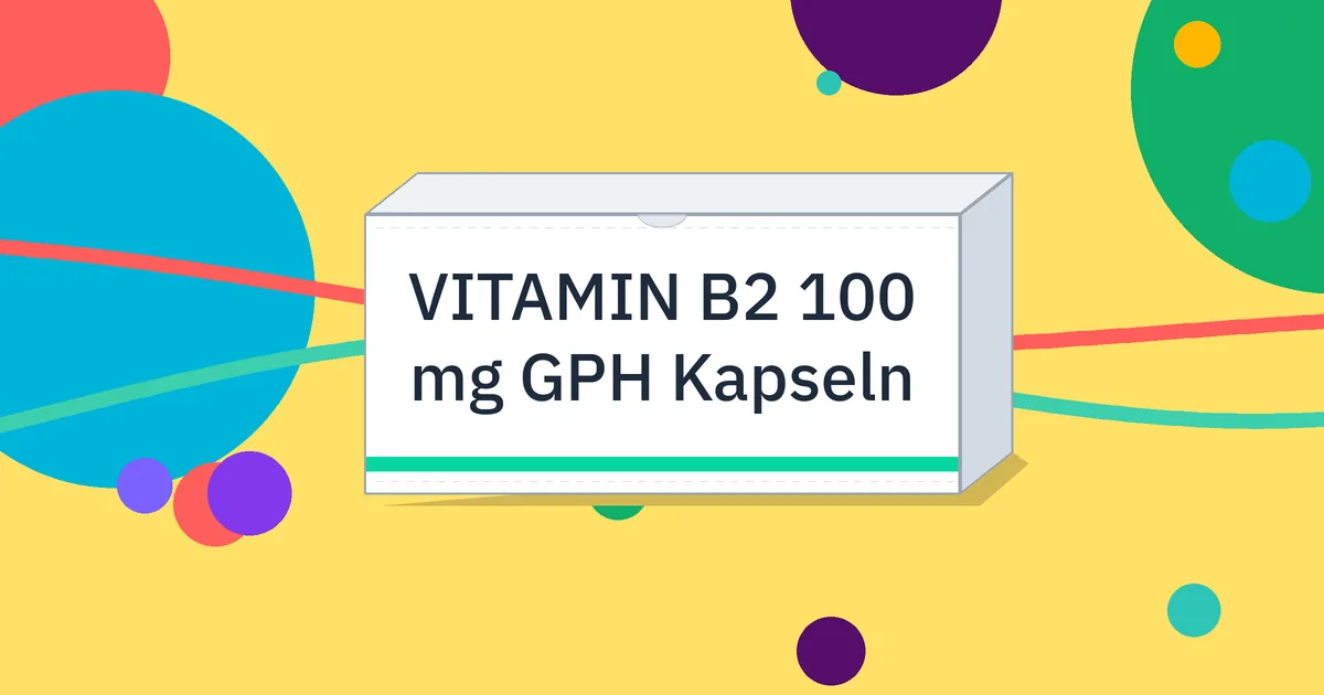 Symbolbild: Packung mit der Aufschrift VITAMIN B2 100 mg GPH Kapseln (PZN 16571360) – Verfügbarkeit und Bezug in Apotheken in Frankfurt am Main
