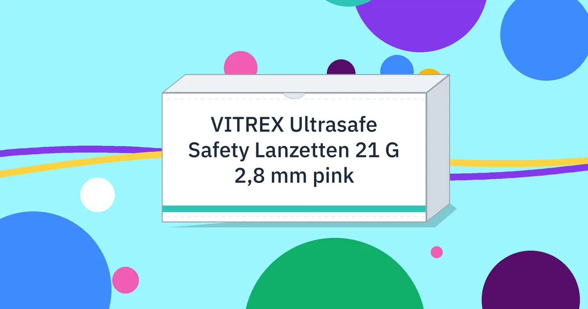 Symbolbild: Packung mit der Aufschrift VITREX Ultrasafe Safety Lanzetten 21 G 2,8 mm pink (PZN 20130124) – Verfügbarkeit und Bezug in Apotheken in Frankfurt am Main