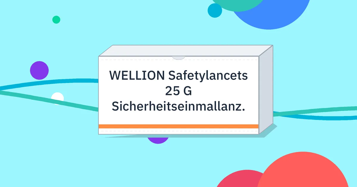 Symbolbild: Packung mit der Aufschrift WELLION Safetylancets 25 G Sicherheitseinmallanz. (PZN 20740561) – Verfügbarkeit und Bezug in Apotheken in Frankfurt am Main