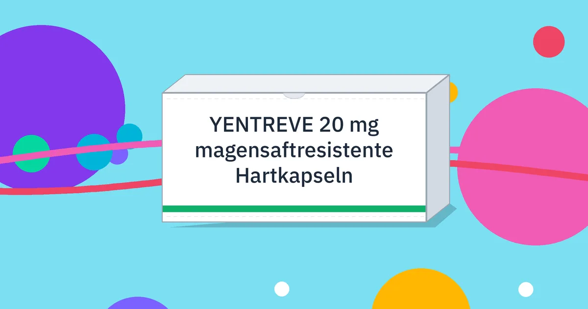 Symbolbild: Packung mit der Aufschrift YENTREVE 20 mg magensaftresistente Hartkapseln (PZN 01930824) – Verfügbarkeit und Bezug in Apotheken in Frankfurt am Main