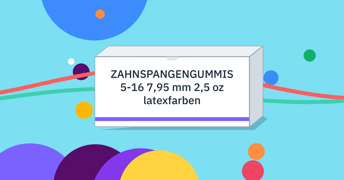 Symbolbild: Packung mit der Aufschrift ZAHNSPANGENGUMMIS 5-16 7,95 mm 2,5 oz latexfarben (PZN 19857861) – Verfügbarkeit und Bezug in Apotheken in Frankfurt am Main