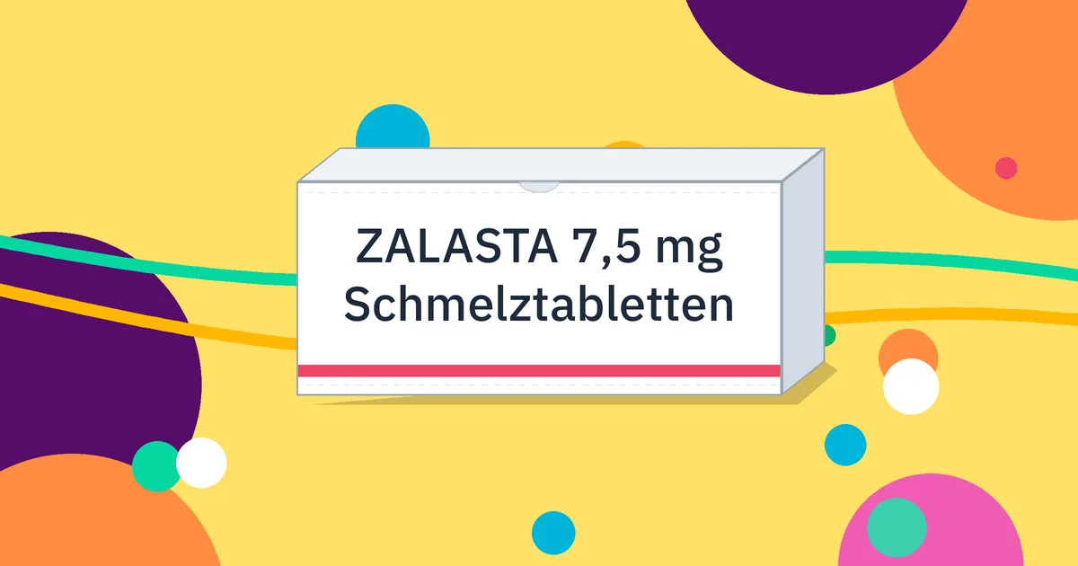 Symbolbild: Packung mit der Aufschrift ZALASTA 7,5 mg Schmelztabletten (PZN 09098006) – Verfügbarkeit und Bezug in Apotheken in Frankfurt am Main