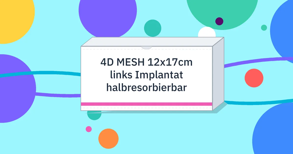 Symbolbild: Packung mit der Aufschrift 4D MESH 12x17cm links Implantat halbresorbierbar (PZN 19504430) – Verfügbarkeit und Bezug in Apotheken in Frankfurt am Main
