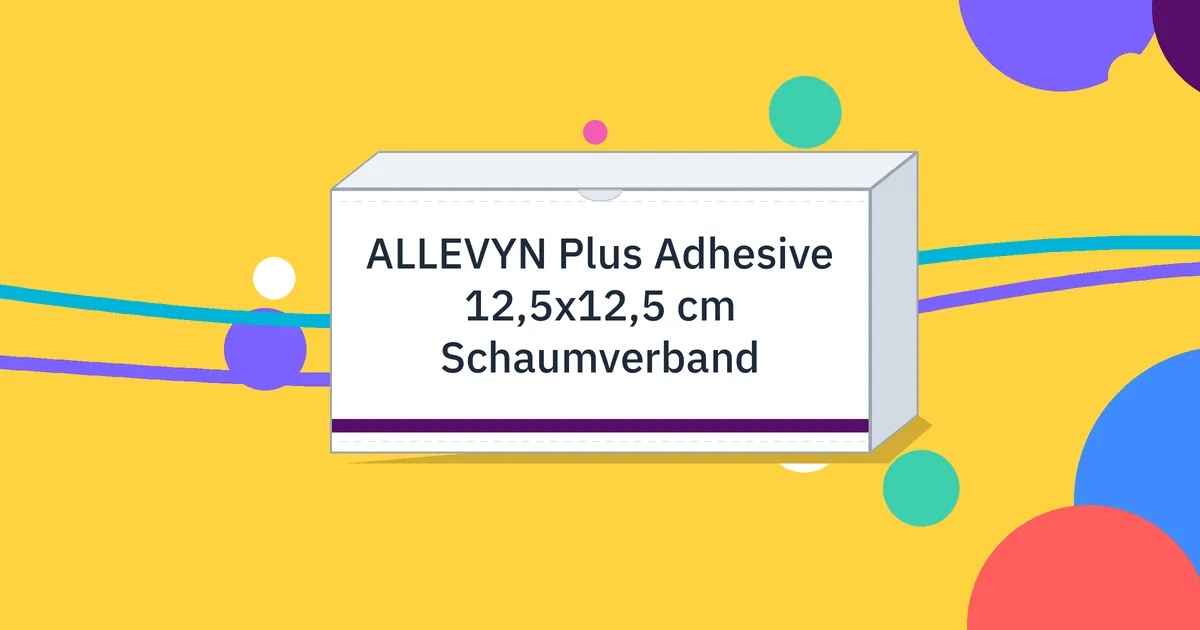 Symbolbild: Packung mit der Aufschrift ALLEVYN Plus Adhesive 12,5x12,5 cm Schaumverband (PZN 00927062) – Verfügbarkeit und Bezug in Apotheken in Frankfurt am Main