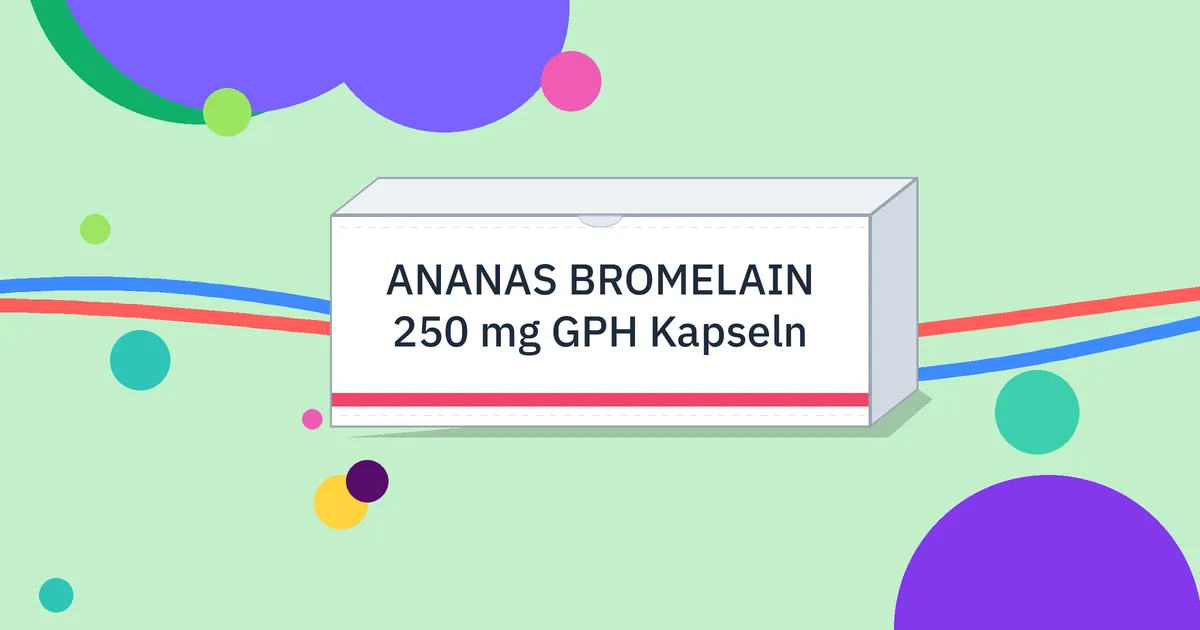 Symbolbild: Packung mit der Aufschrift ANANAS BROMELAIN 250 mg GPH Kapseln (PZN 02565108) – Verfügbarkeit und Bezug in Apotheken in Frankfurt am Main