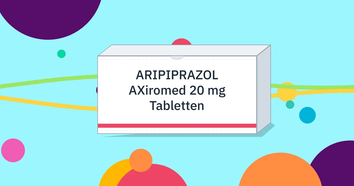 Symbolbild: Packung mit der Aufschrift ARIPIPRAZOL AXiromed 20 mg Tabletten (PZN 18489846) – Verfügbarkeit und Bezug in Apotheken in Frankfurt am Main