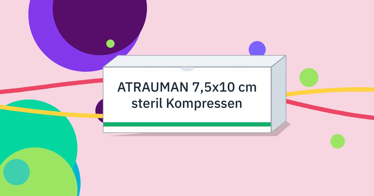 Symbolbild: Packung mit der Aufschrift ATRAUMAN 7,5x10 cm steril Kompressen (PZN 18124808) – Verfügbarkeit und Bezug in Apotheken in Frankfurt am Main