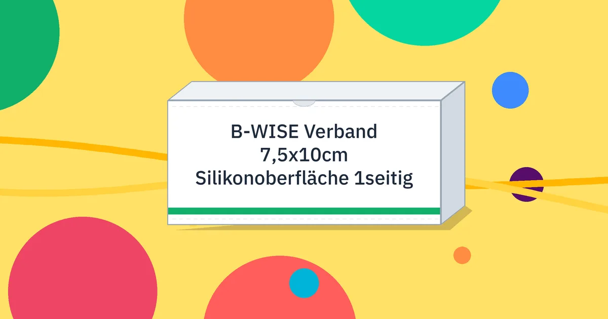 Symbolbild: Packung mit der Aufschrift B-WISE Verband 7,5x10cm Silikonoberfläche 1seitig (PZN 19730729) – Verfügbarkeit und Bezug in Apotheken in Frankfurt am Main