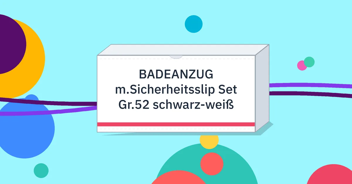 Symbolbild: Packung mit der Aufschrift BADEANZUG m.Sicherheitsslip Set Gr.52 schwarz-weiß (PZN 15263805) – Verfügbarkeit und Bezug in Apotheken in Frankfurt am Main