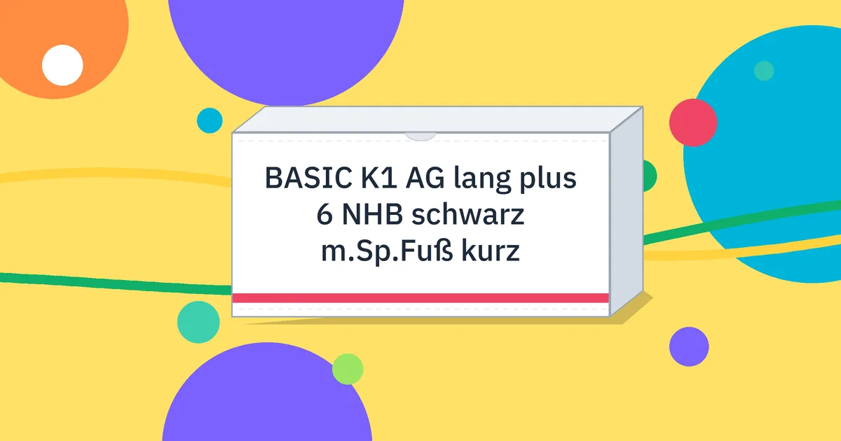 Symbolbild: Packung mit der Aufschrift BASIC K1 AG lang plus 6 NHB schwarz m.Sp.Fuß kurz (PZN 20261725) – Verfügbarkeit und Bezug in Apotheken in Frankfurt am Main