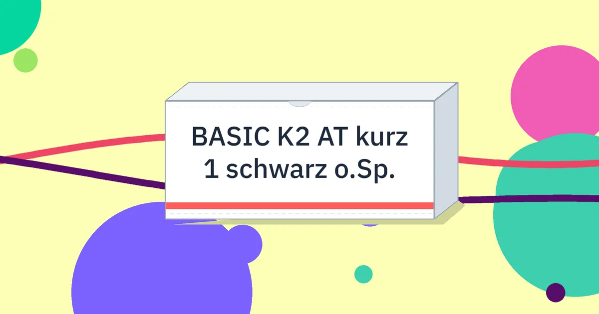 Symbolbild: Packung mit der Aufschrift BASIC K2 AT kurz 1 schwarz o.Sp. (PZN 20268696) – Verfügbarkeit und Bezug in Apotheken in Frankfurt am Main