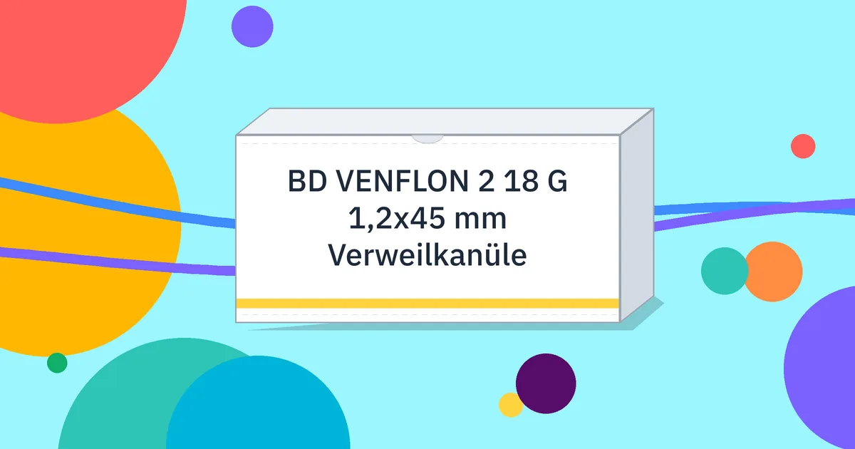 Symbolbild: Packung mit der Aufschrift BD VENFLON 2 18 G 1,2x45 mm Verweilkanüle (PZN 20046151) – Verfügbarkeit und Bezug in Apotheken in Frankfurt am Main