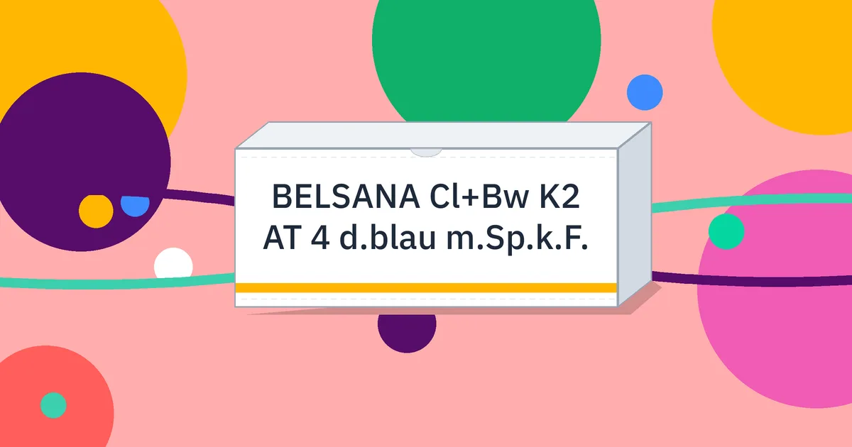 Symbolbild: Packung mit der Aufschrift BELSANA Cl+Bw K2 AT 4 d.blau m.Sp.k.F. (PZN 15627897) – Verfügbarkeit und Bezug in Apotheken in Frankfurt am Main