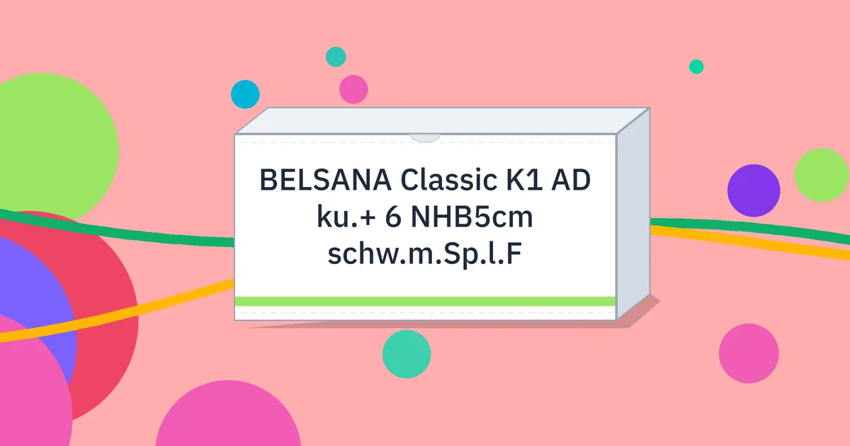 Symbolbild: Packung mit der Aufschrift BELSANA Classic K1 AD ku.+ 6 NHB5cm schw.m.Sp.l.F (PZN 19257115) – Verfügbarkeit und Bezug in Apotheken in Frankfurt am Main