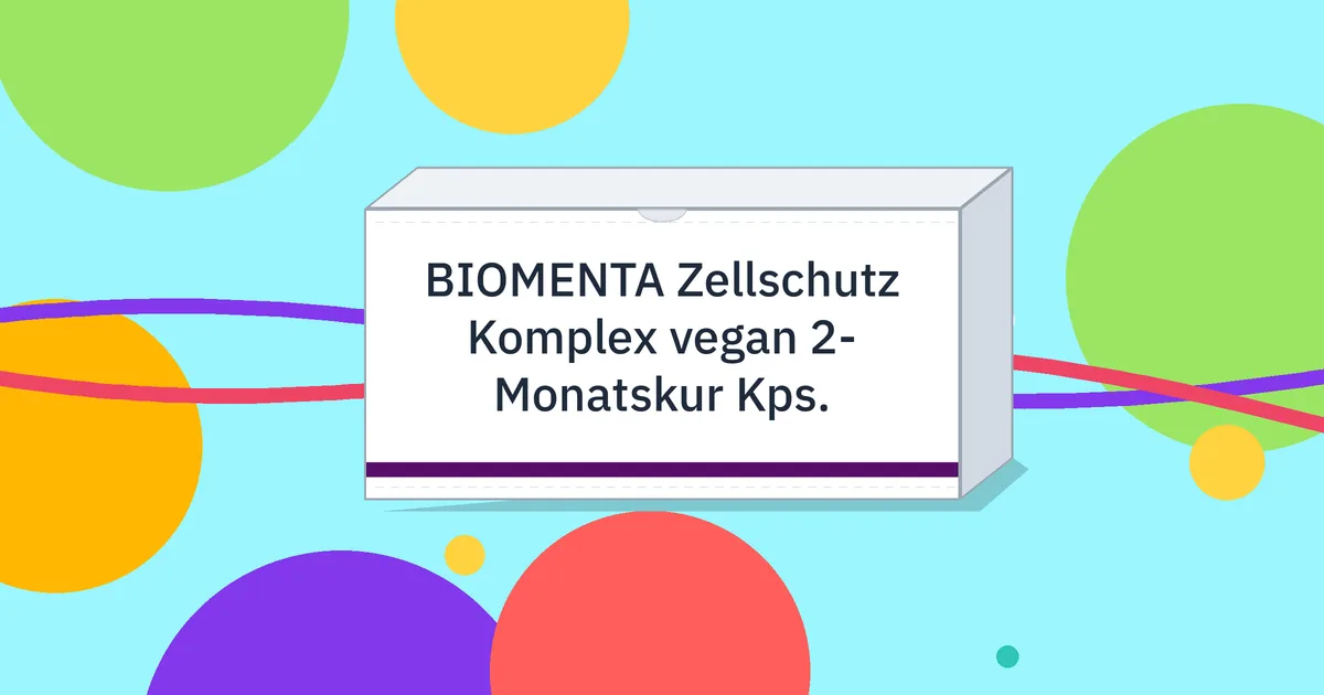 Symbolbild: Packung mit der Aufschrift BIOMENTA Zellschutz Komplex vegan 2-Monatskur Kps. (PZN 13887884) – Verfügbarkeit und Bezug in Apotheken in Frankfurt am Main