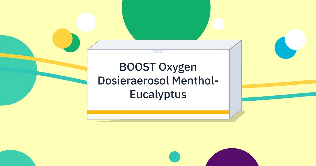 Symbolbild: Packung mit der Aufschrift BOOST Oxygen Dosieraerosol Menthol-Eucalyptus (PZN 18085876) – Verfügbarkeit und Bezug in Apotheken in Frankfurt am Main