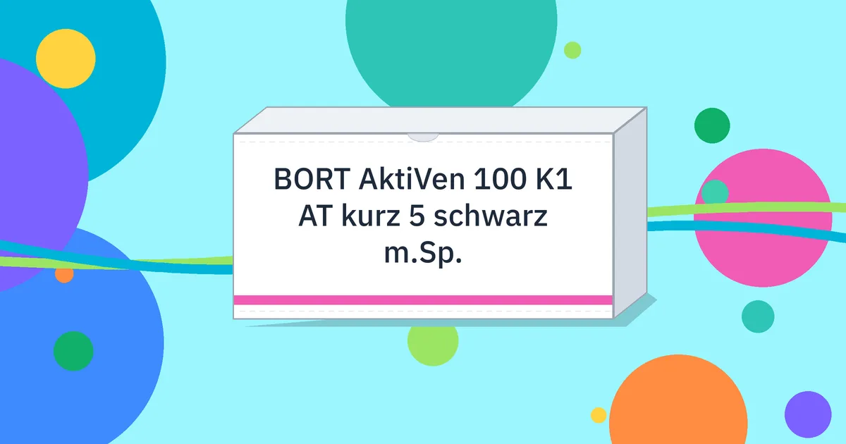 Symbolbild: Packung mit der Aufschrift BORT AktiVen 100 K1 AT kurz 5 schwarz m.Sp. (PZN 14389183) – Verfügbarkeit und Bezug in Apotheken in Frankfurt am Main