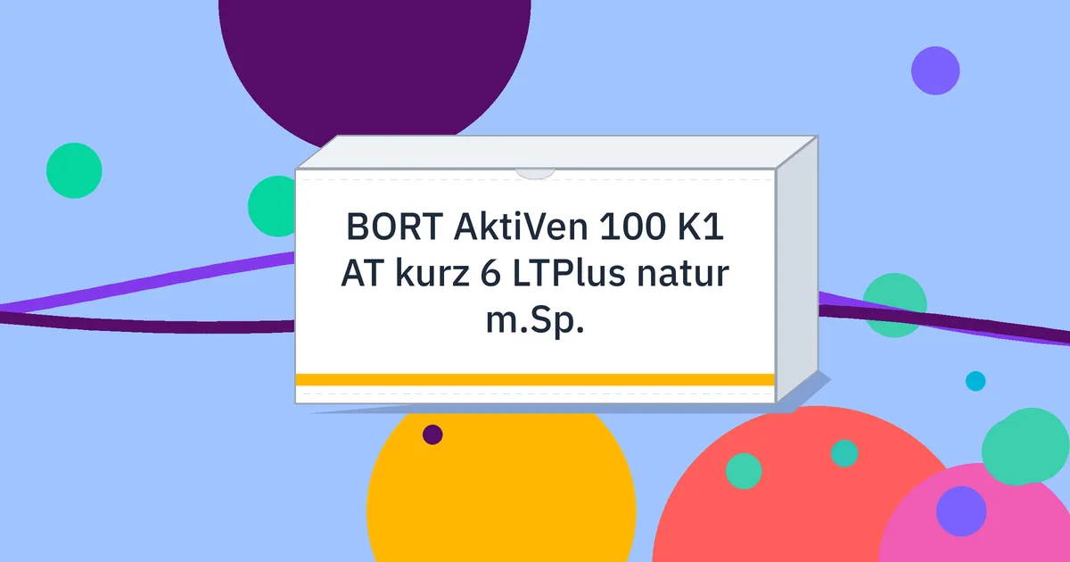 Symbolbild: Packung mit der Aufschrift BORT AktiVen 100 K1 AT kurz 6 LTPlus natur m.Sp. (PZN 18175674) – Verfügbarkeit und Bezug in Apotheken in Frankfurt am Main