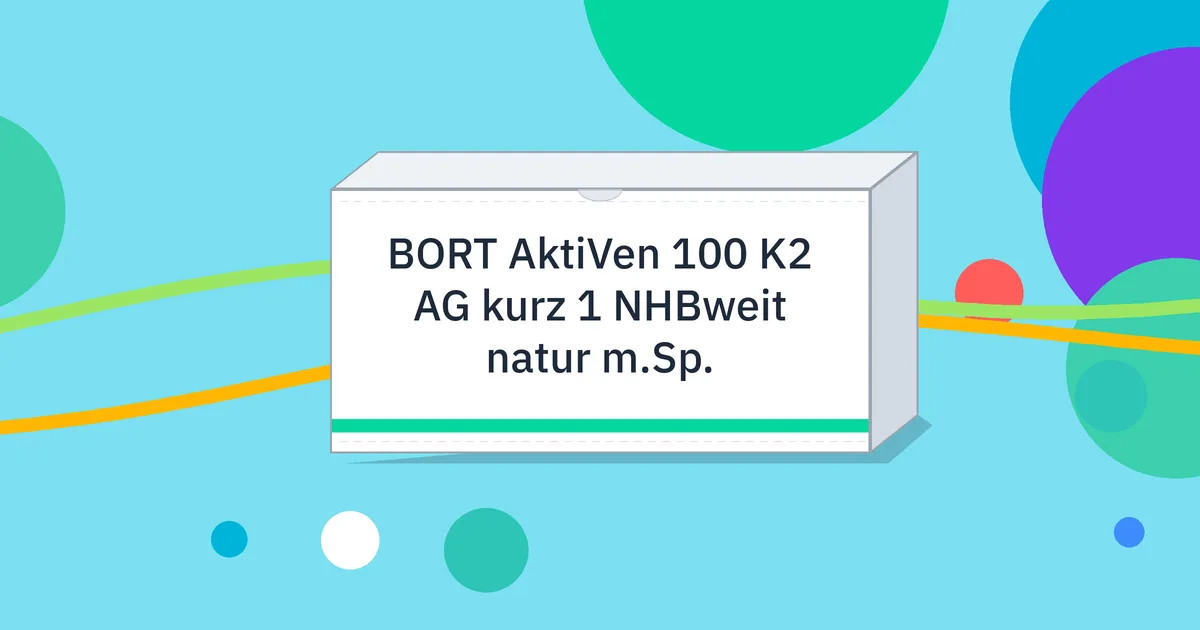 Symbolbild: Packung mit der Aufschrift BORT AktiVen 100 K2 AG kurz 1 NHBweit natur m.Sp. (PZN 13730622) – Verfügbarkeit und Bezug in Apotheken in Frankfurt am Main