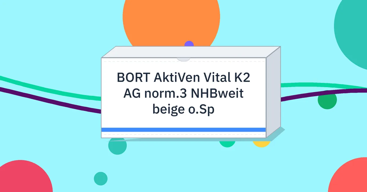 Symbolbild: Packung mit der Aufschrift BORT AktiVen Vital K2 AG norm.3 NHBweit beige o.Sp (PZN 13731573) – Verfügbarkeit und Bezug in Apotheken in Frankfurt am Main